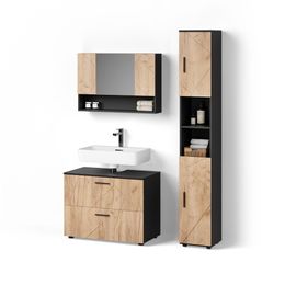 BADM&Ouml;BEL-SET Ronco Goldkraft Eiche/Anthrazit 3 Teile, mit Spiegelschrank 80 cm