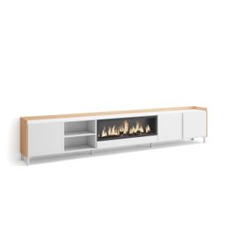 LOWBOARD, Wei&szlig; und Eiche, 315/35/61cm, Kamin mit Feuereffekt XXL
