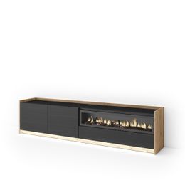 LOWBOARD, Schwarz und Eiche, 207/37/50cm, Kamin mit Feuereffekt