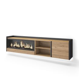 LOWBOARD, Eiche und Schwarz, 212/35/50cm, Kamin mit Feuereffekt XXL