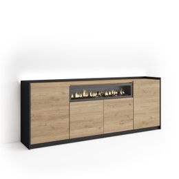 SIDEBOARD, Eiche und Schwarz, 207/37/80cm, Kamin mit Feuereffekt