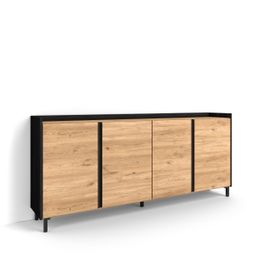 SIDEBOARD, Eiche und Schwarz, 207/35/91cm, mit Beinen