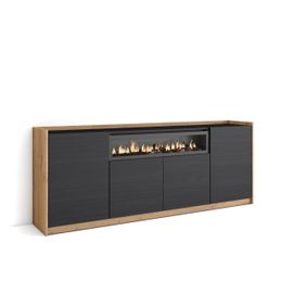 SIDEBOARD, Highboard, Schwarz Eiche, Elektrokamin, 207/37/80cm