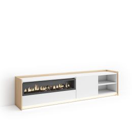 LOWBOARD, Wei&szlig; und Eiche, 207/37/50cm, Kamin mit Feuereffekt