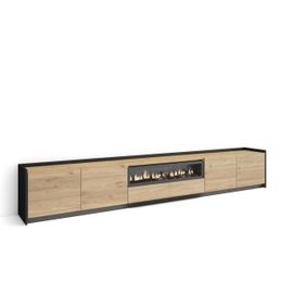 LOWBOARD, Eiche und Schwarz, 310/37/50cm, Kamin mit Feuereffekt