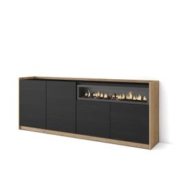 SIDEBOARD, Highboard, Schwarz Eiche, Elektrokamin, 207/37/80cm