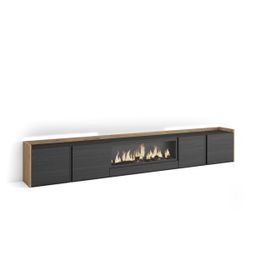 LOWBOARD, Schwarz und Eiche, 315/35/50cm, Kamin mit Feuereffekt XXL