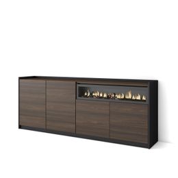 SIDEBOARD, Highboard, Dunkler Eiche und Schwarz, Elektrokamin, 207/37/80cm