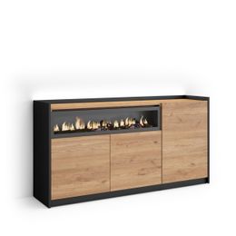 SIDEBOARD, Eiche und Schwarz, 156/37/80cm, Kamin mit Feuereffekt