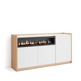 SIDEBOARD, Highboard, Wei&szlig; und Eiche Soft, Elektrokamin, 156/37/80cm