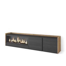 LOWBOARD, Schwarz und Eiche, 212/35/50cm, Kamin mit Feuereffekt XXL