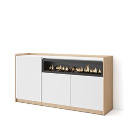 SIDEBOARD, Highboard, Wei&szlig; und Eiche Soft, Elektrokamin, 156/37/80cm