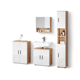 BADM&Ouml;BEL-SET Ronco Wei&szlig; Hochglanz/Goldkraft Eiche 4 Teile, mit Hochschrank und Kommode