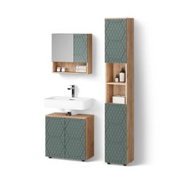 BADM&Ouml;BEL-SET Ronco Gr&uuml;n/Goldkraft Eiche 3 Teile, mit Hochschrank