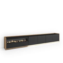 LOWBOARD, Schwarz und Eiche, 310/37/50cm, Kamin mit Feuereffekt