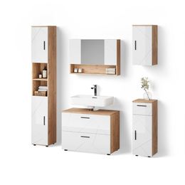 BADM&Ouml;BEL-SET Ronco Wei&szlig; Hochglanz/Goldkraft Eiche 5 Teile