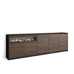 SIDEBOARD, Highboard, Dunkler Eiche und Schwarz, Elektrokamin, 260/37/80cm