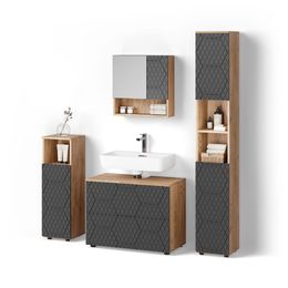 BADM&Ouml;BEL-SET Ronco Anthrazit mit Wabenstruktur 4 Teile, mit Schubladenschrank und Hochschrank