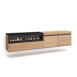 LOWBOARD mit Elektrokamin, H&auml;ngend, Eiche, Schwarz, 200/35/45cm