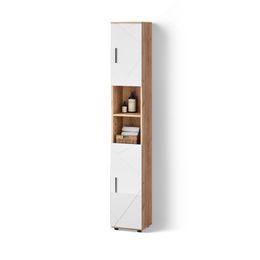 BADSCHRANK Ronco Wei&szlig; Hochglanz/Goldkraft Eiche 30 x 192 cm mit T&uuml;ren, und offenen F&auml;chern
