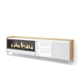 LOWBOARD, Wei&szlig; und Eiche, 212/35/61cm, Kamin mit Feuereffekt XXL