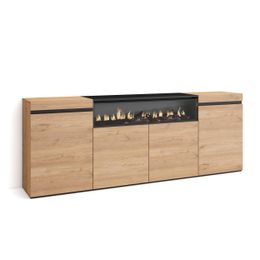 SIDEBOARD mit Elektrokamin, eiche, schwarz, 200/35/75cm