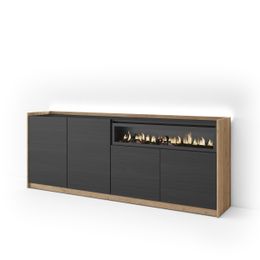 SIDEBOARD, Schwarz und Eiche, 207/37/80cm, Kamin mit Feuereffekt