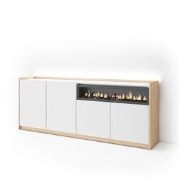 SIDEBOARD, Wei&szlig; und Eiche, 207/37/80cm, Kamin mit Feuereffekt