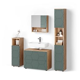 BADM&Ouml;BEL-SET Ronco Gr&uuml;n/Goldkraft Eiche 4 Teile, mit Schubladenschrank und Hochschrank