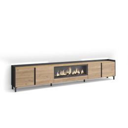 LOWBOARD, Eiche und Schwarz, 315/35/61cm, Kamin mit Feuereffekt XXL