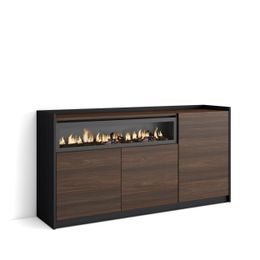 SIDEBOARD, Highboard, Dunkler Eiche und Schwarz, Elektrokamin, 156/37/80cm
