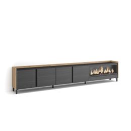 LOWBOARD, Schwarz und Eiche, 315/35/61cm, Kamin mit Feuereffekt XXL