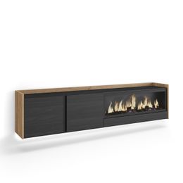 LOWBOARD, Schwarz und Eiche, 212/35/50cm, Kamin mit Feuereffekt XXL