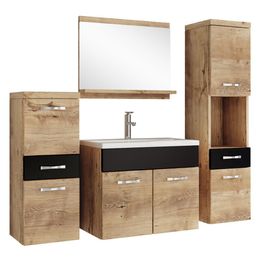 Badplaats BADM&Ouml;BEL-SET Alba 5 Teile Kastanien Eiche mit Schwarz - 60 x 35 x 51 cm