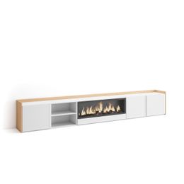 LOWBOARD, Wei&szlig; und Eiche, 315/35/50cm, Kamin mit Feuereffekt XXL