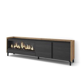 LOWBOARD, Schwarz und Eiche, 212/35/61cm, Kamin mit Feuereffekt XXL