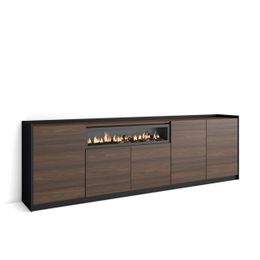 SIDEBOARD, Highboard, Dunkler Eiche und Schwarz, Elektrokamin, 260/37/80cm
