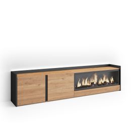 LOWBOARD, Eiche und Schwarz, 212/35/50cm, Kamin mit Feuereffekt XXL