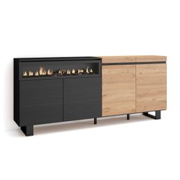 SIDEBOARD Elektrokamin, eiche, schwarz, 200/35/87cm
