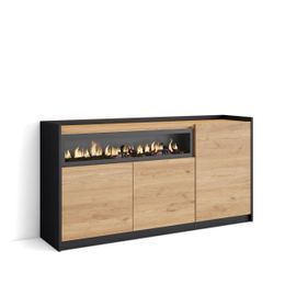 SIDEBOARD, Highboard, Eiche Schwarz, Elektrokamin, 156/37/80cm