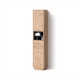BADSCHRANK Temo Artisan Eiche/Anthrazit 38 x 190 cm mit T&uuml;ren, Schublade und offenen F&auml;chern