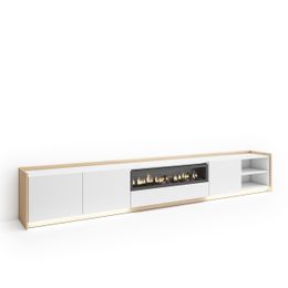 LOWBOARD, Wei&szlig; und Eiche, 310/37/50cm, Kamin mit Feuereffekt