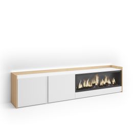 LOWBOARD, Wei&szlig; und Eiche, 212/35/50cm, Kamin mit Feuereffekt XXL