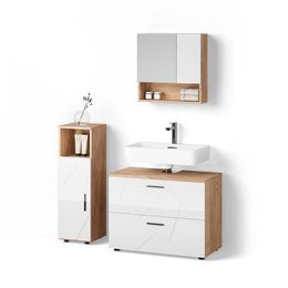 BADM&Ouml;BEL-SET Ronco Wei&szlig; Hochglanz/Goldkraft Eiche 3 Teile, mit Midischrank