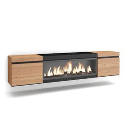 LOWBOARD, Tv-Schrank mit Elektrokamin XXL, H&auml;ngend, Eiche, Schwarz, 208/35/45cm