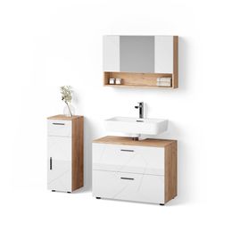 BADM&Ouml;BEL-SET Ronco Wei&szlig; Hochglanz/Goldkraft Eiche 3 Teile, mit Schubladenschrank und Midischrank