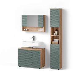 BADM&Ouml;BEL-SET Ronco Gr&uuml;n/Goldkraft Eiche 3 Teile, mit Spiegelschrank 80 cm
