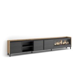 LOWBOARD, Schwarz und Eiche, 315/35/61cm, Kamin mit Feuereffekt XXL