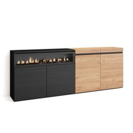SIDEBOARD Elektrokamin, eiche, schwarz, 200/35/75cm