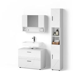 BADM&Ouml;BEL-SET Ronco Wei&szlig; Hochglanz 3 Teile, mit Spiegelschrank 80 cm